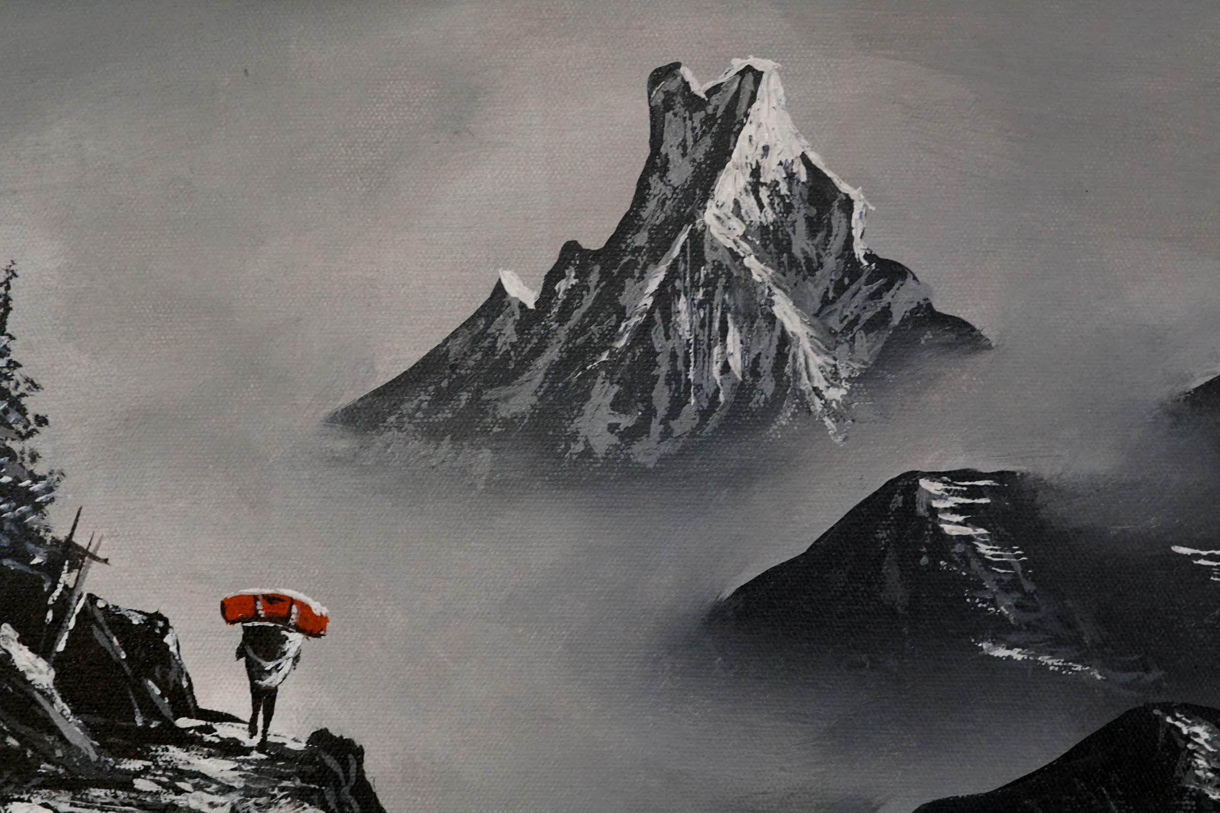 Mount Fishtail painted on canvas - Black and white acrylic color